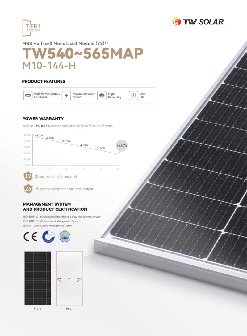 Tongwei Solar 550w P-type Half-cell Monofacial Module (72) – G13 Tech