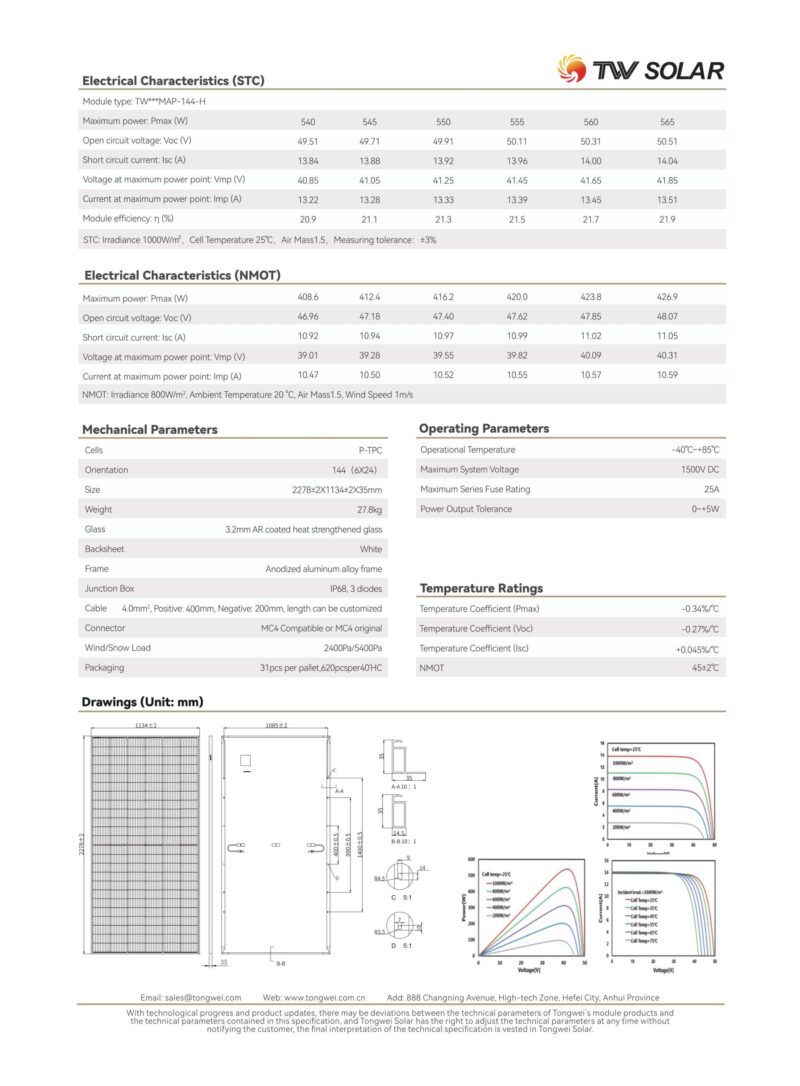 Tongwei Solar 550w P-type Half-cell Monofacial Module (72) – G13 Tech